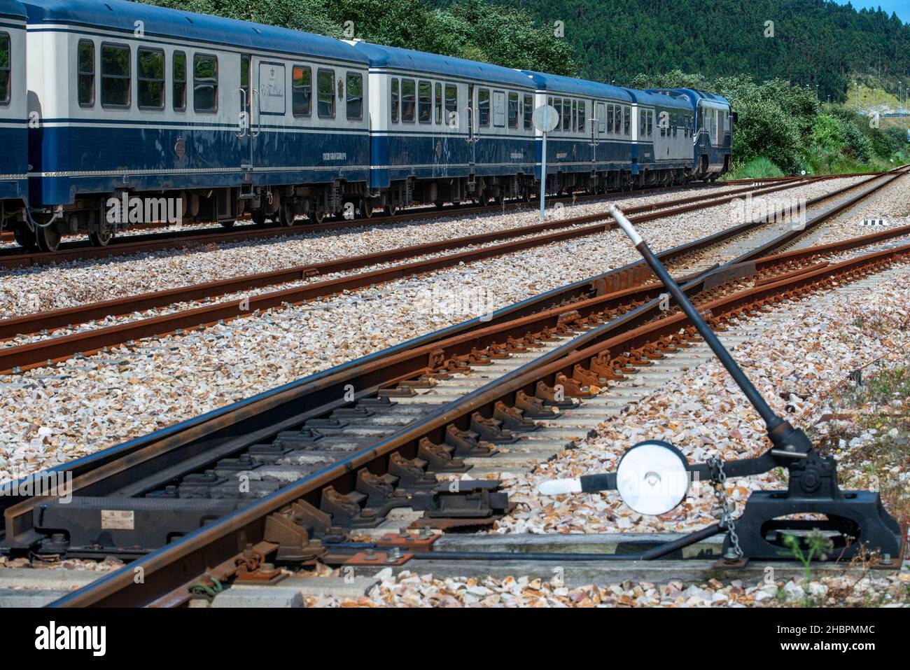 Outisde carriages of Transcantabrico Gran Lujo luxury train travellong ...