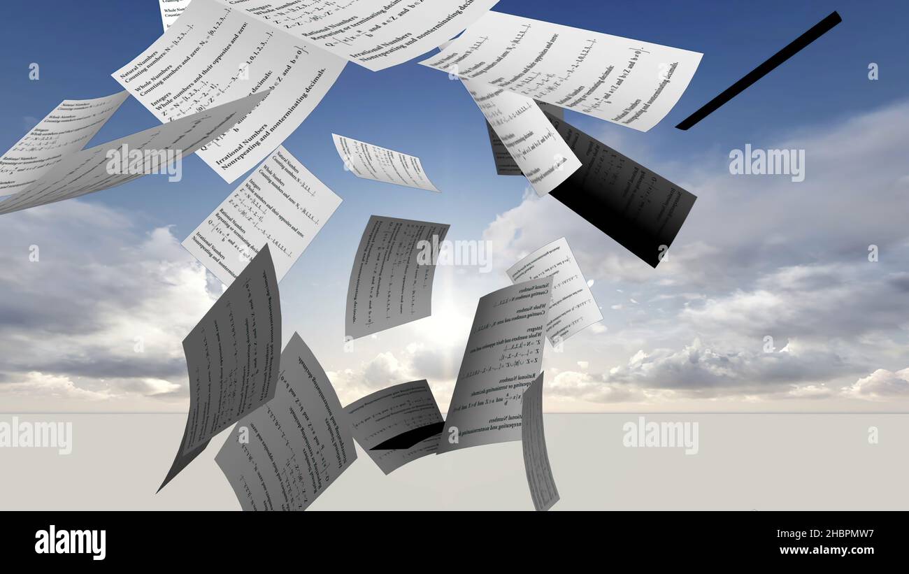 3d illustration - White paper sheets falling on white background Stock ...