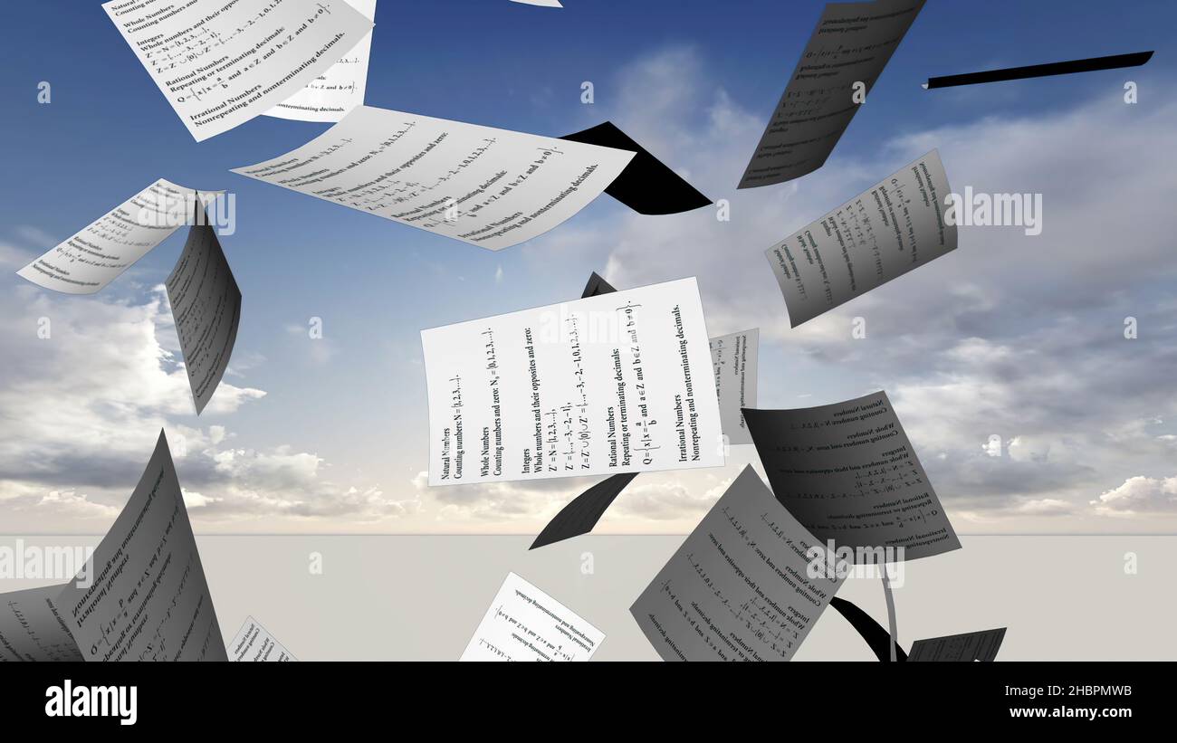 3d illustration - White paper sheets falling on white background Stock ...