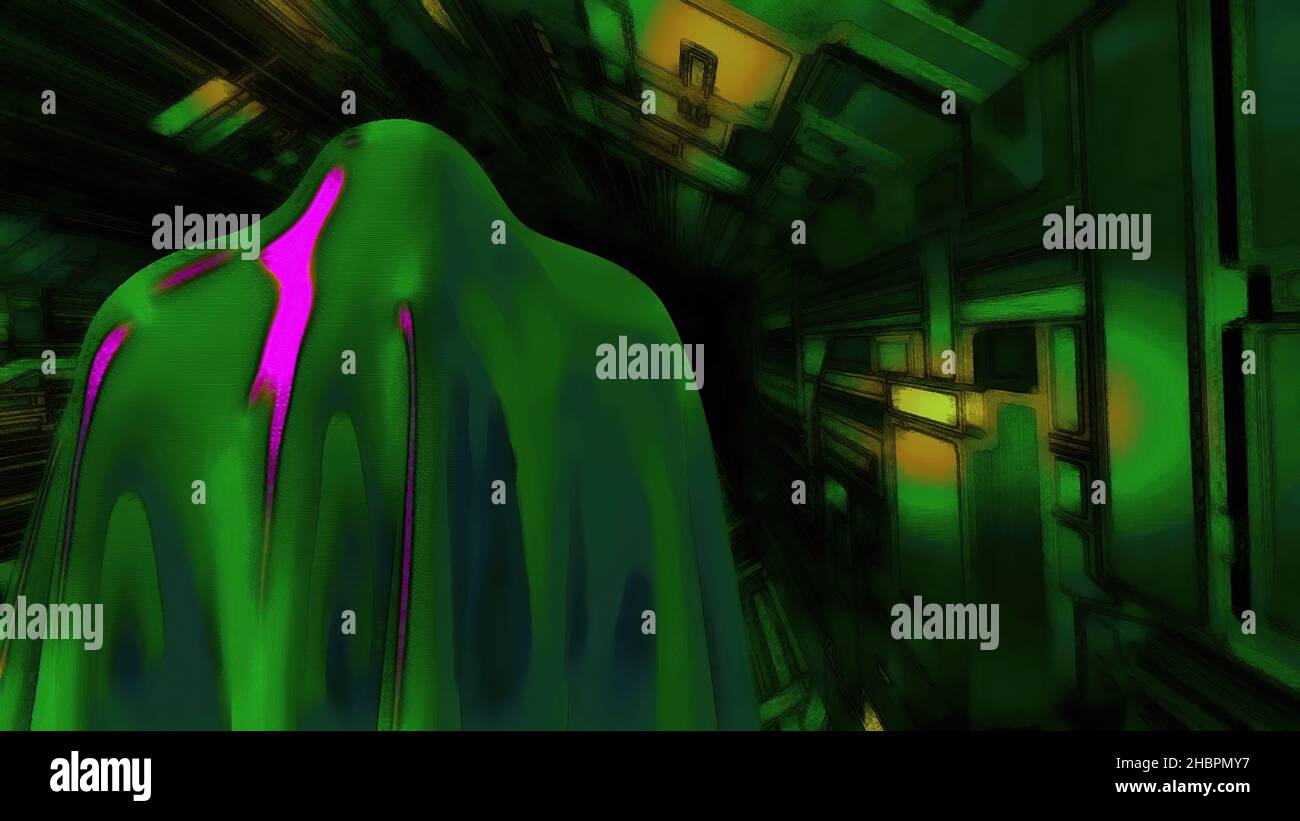 3d illustration - comic style of flying ghost in alien ship Stock Photo ...