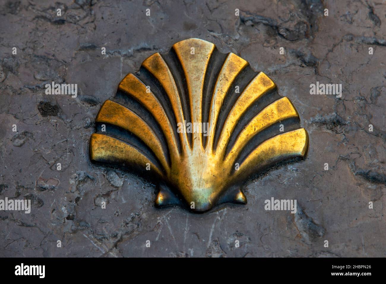 Metal shell indicating the road to Santiago de Compostela in the ...