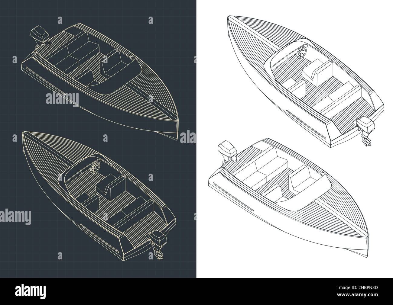 Stylized vector illustration of isometric blueprints of motor boat ...