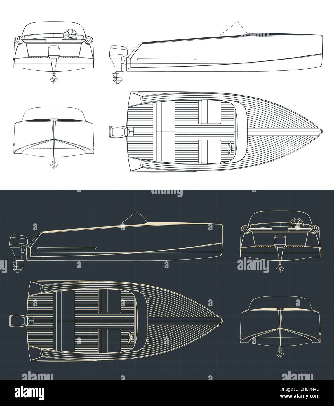 Stylized vector illustration of blueprints of motor boat Stock Vector ...