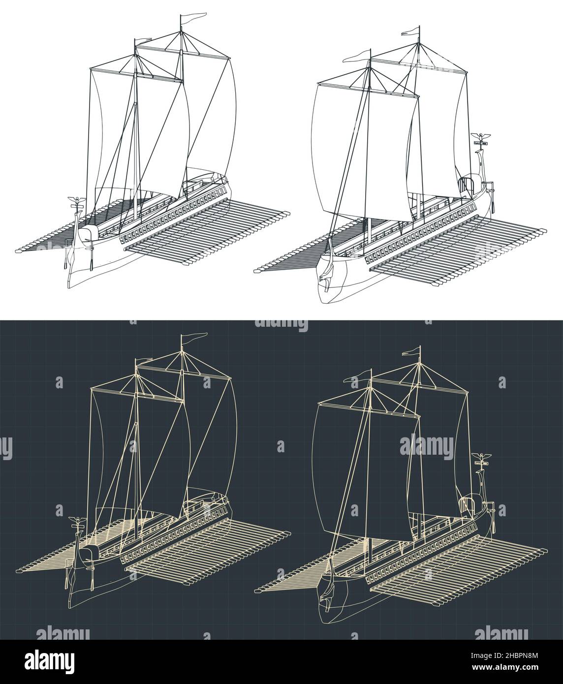 Stylized vector illustration of isometric blueprints of roman warship ...