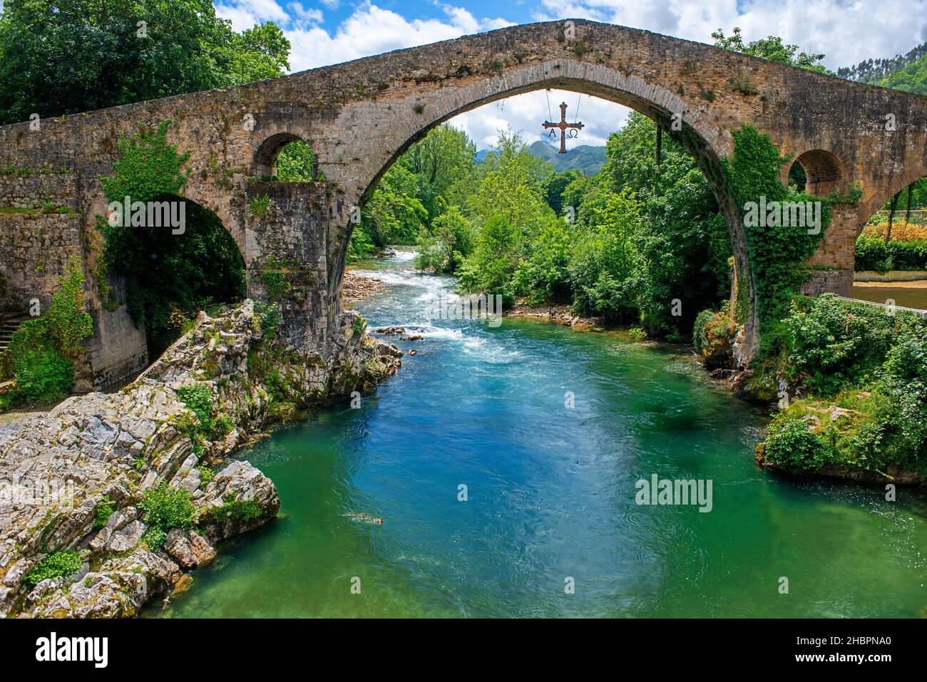 The hump-backed "Roman Bridge" on the Sella River. Cangas de Onis ...