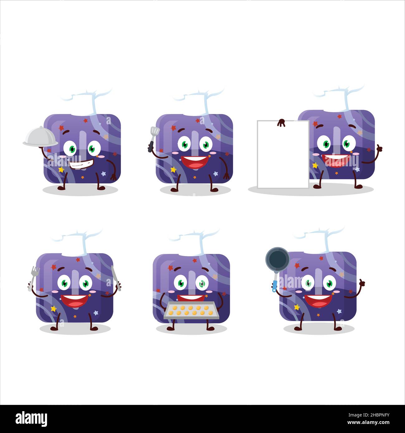 Cartoon character of purple gummy candy I with various chef emoticons ...