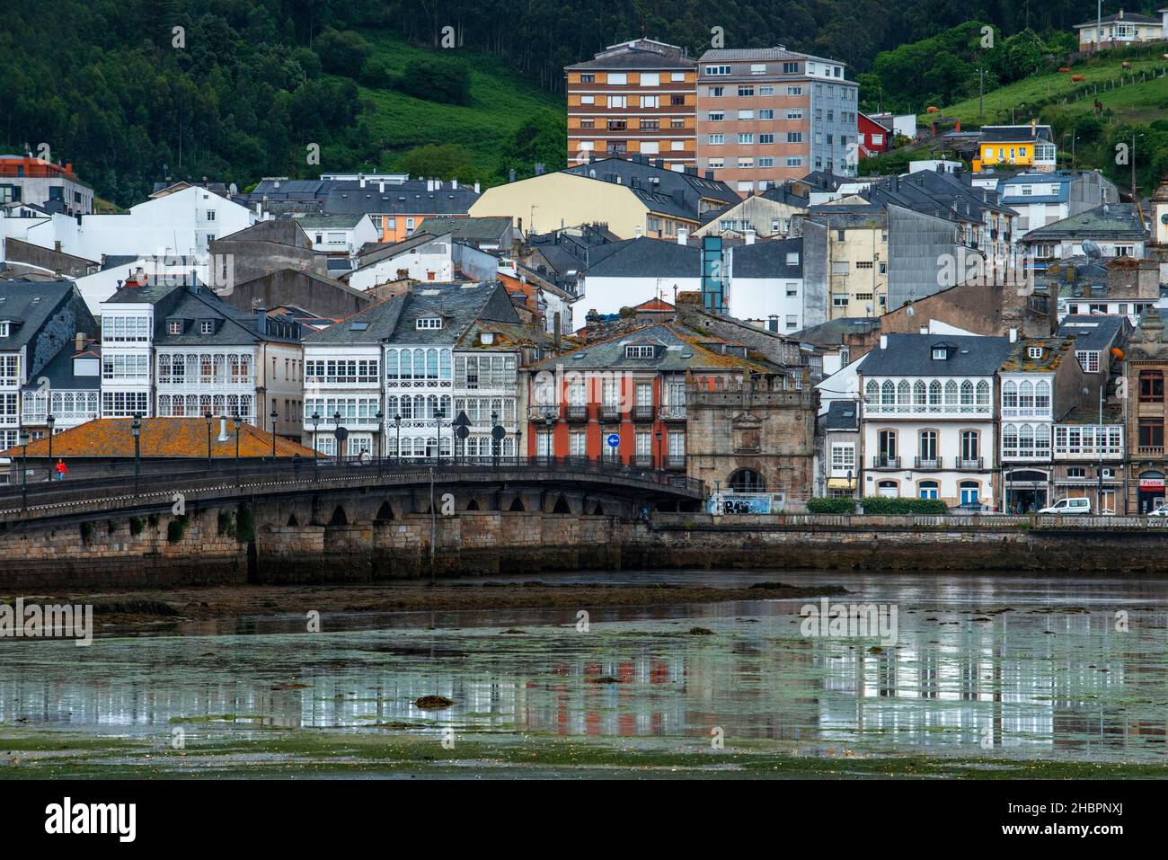 View of Viveiro village and Viveiro stuary and dwelling houses. Lugo ...