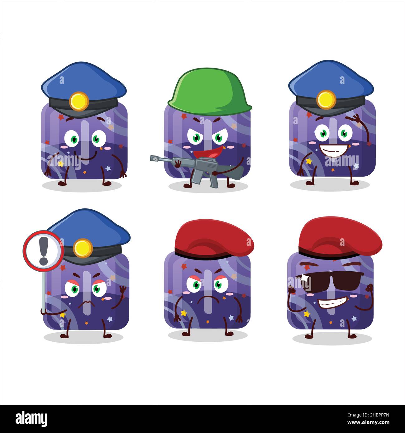 A dedicated Police officer of purple gummy candy I mascot design style ...