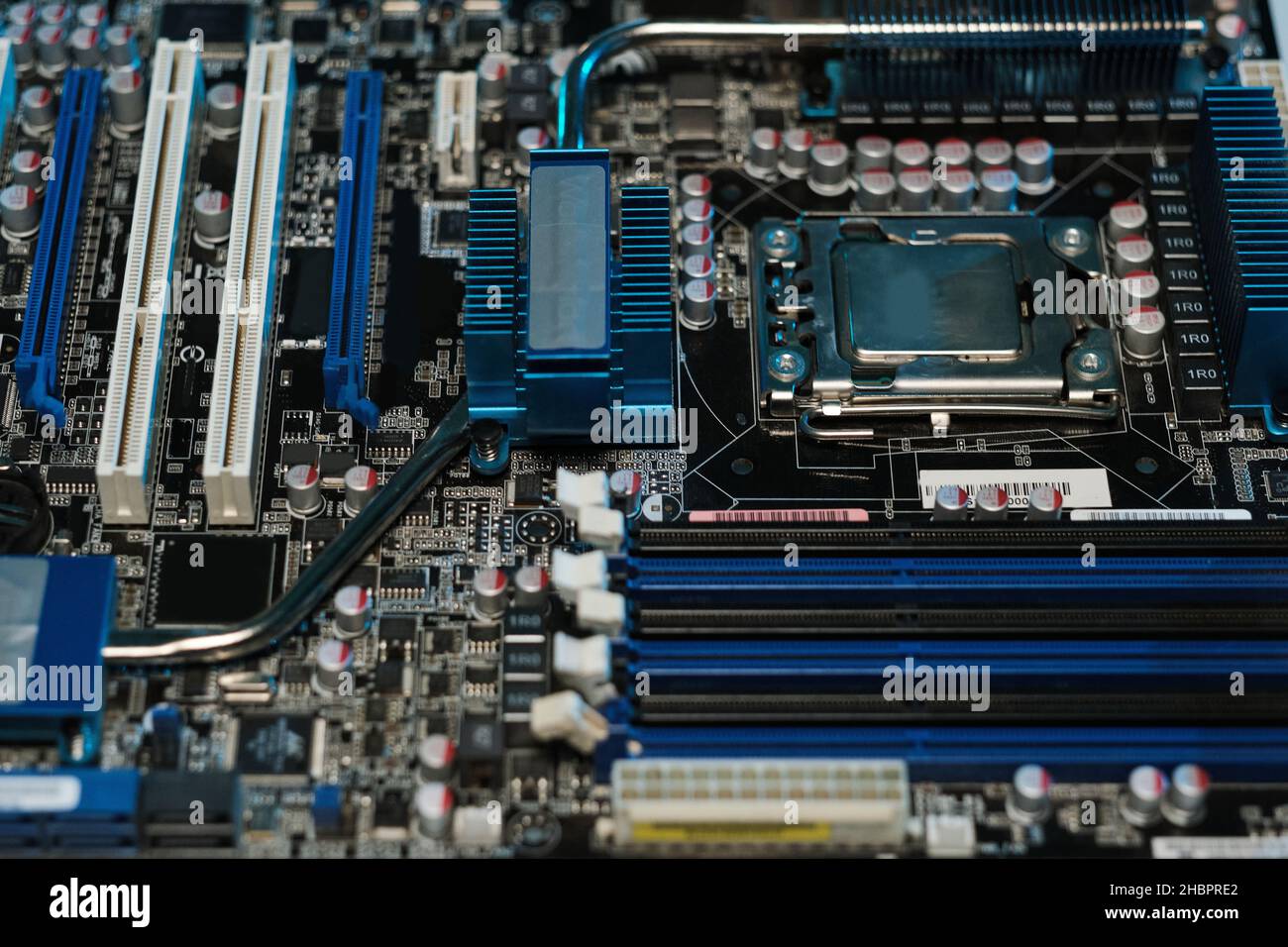Macro image of motherboard or circuit board with microchip in the ...