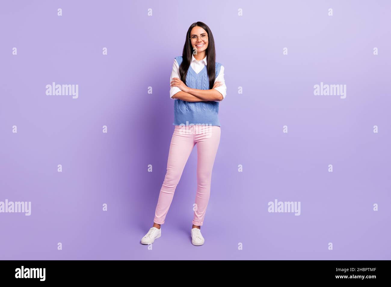 Full length body size view of attractive cheerful long-haired girl ...