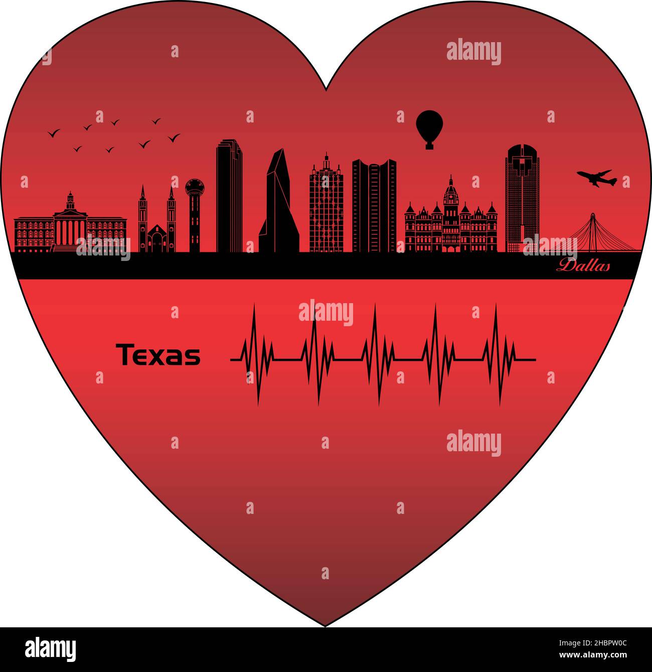 Dallas in the heart - illustration, Vector city skyline silhouette ...