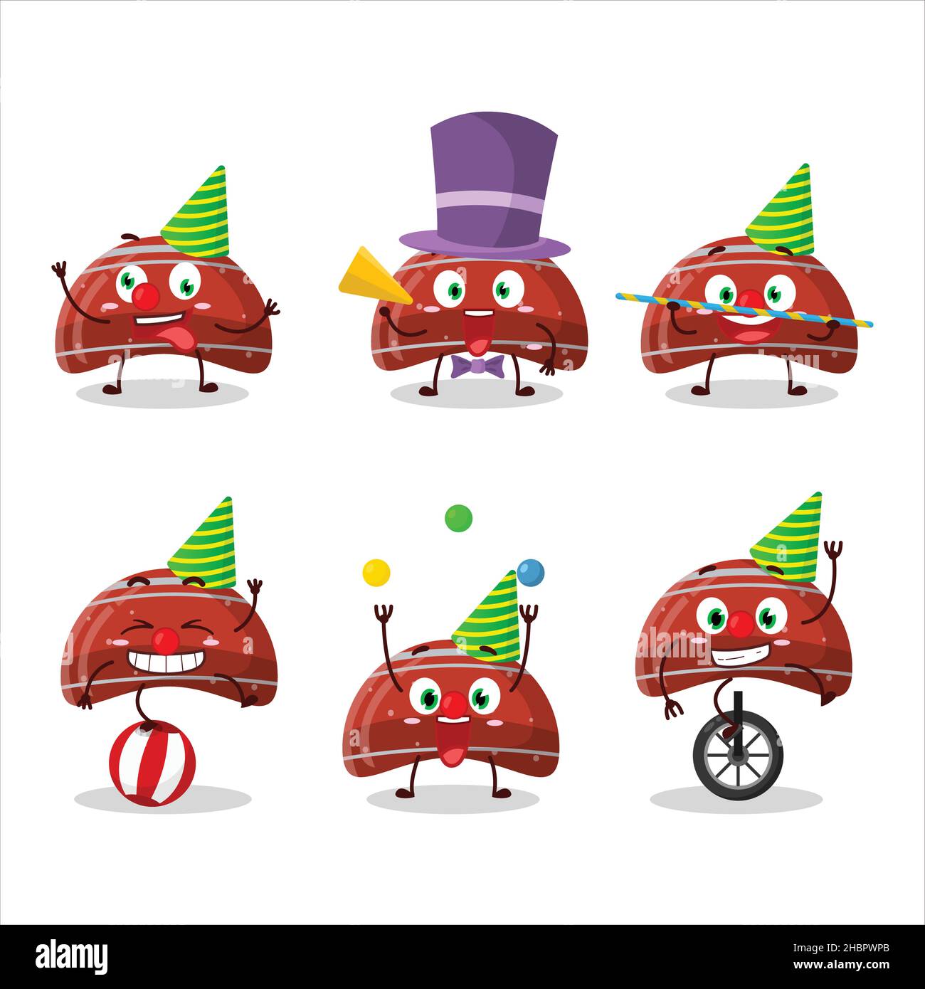 Cartoon character of curve red gummy candy with various circus shows ...