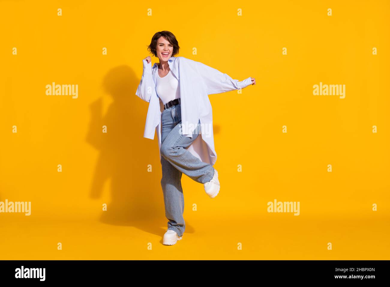 Full length body size photo of funky girl dancing at party laughing ...