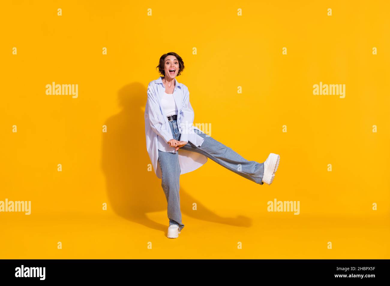 Full length body size photo of funny girl playing careless fooling ...