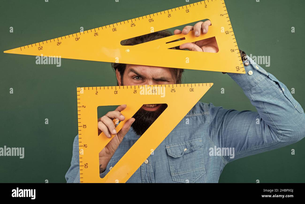 man with size measured on triangle ruler math tool, school stem ...