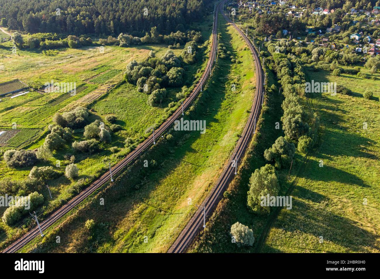 Aerial view of the turning railroad tracks Stock Photo - Alamy