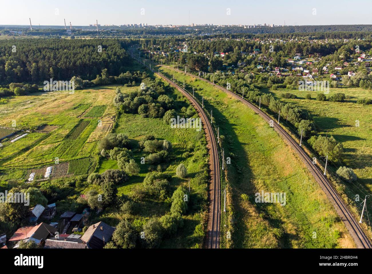 Aerial view of the turning railroad tracks Stock Photo - Alamy