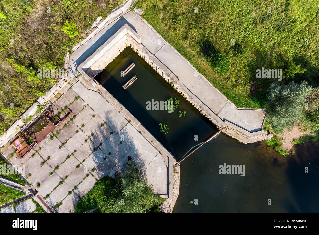 Reinforced concrete water intake on the Protva river, aerial view Stock ...