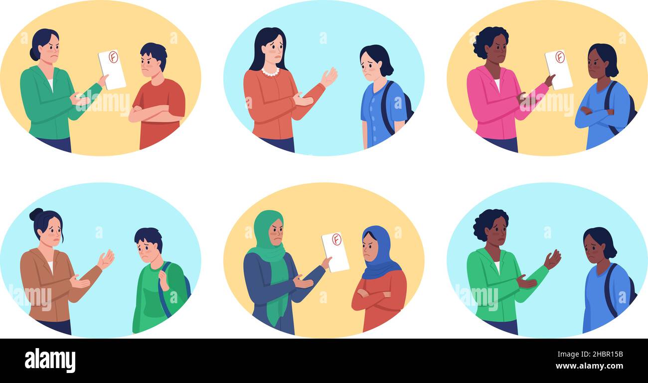 Talking about poor grades with mom 2D vector isolated illustration set ...