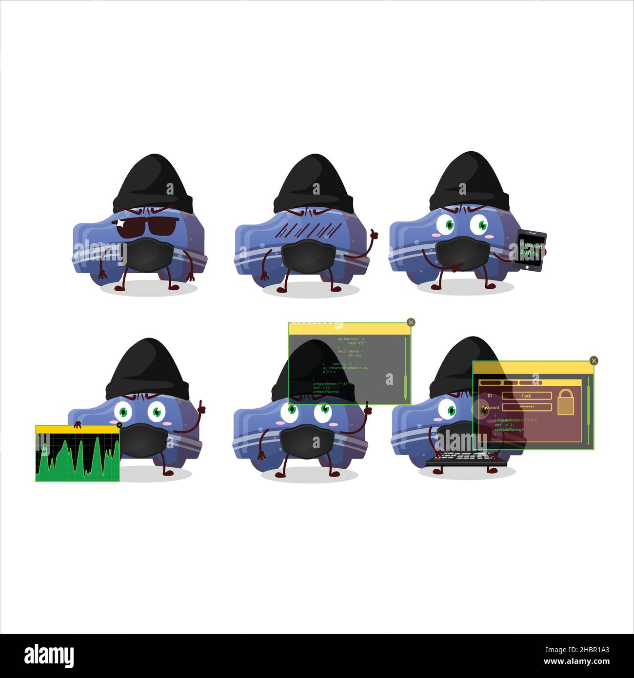 A Hacker blue car gummy candy character mascot with. Vector ...