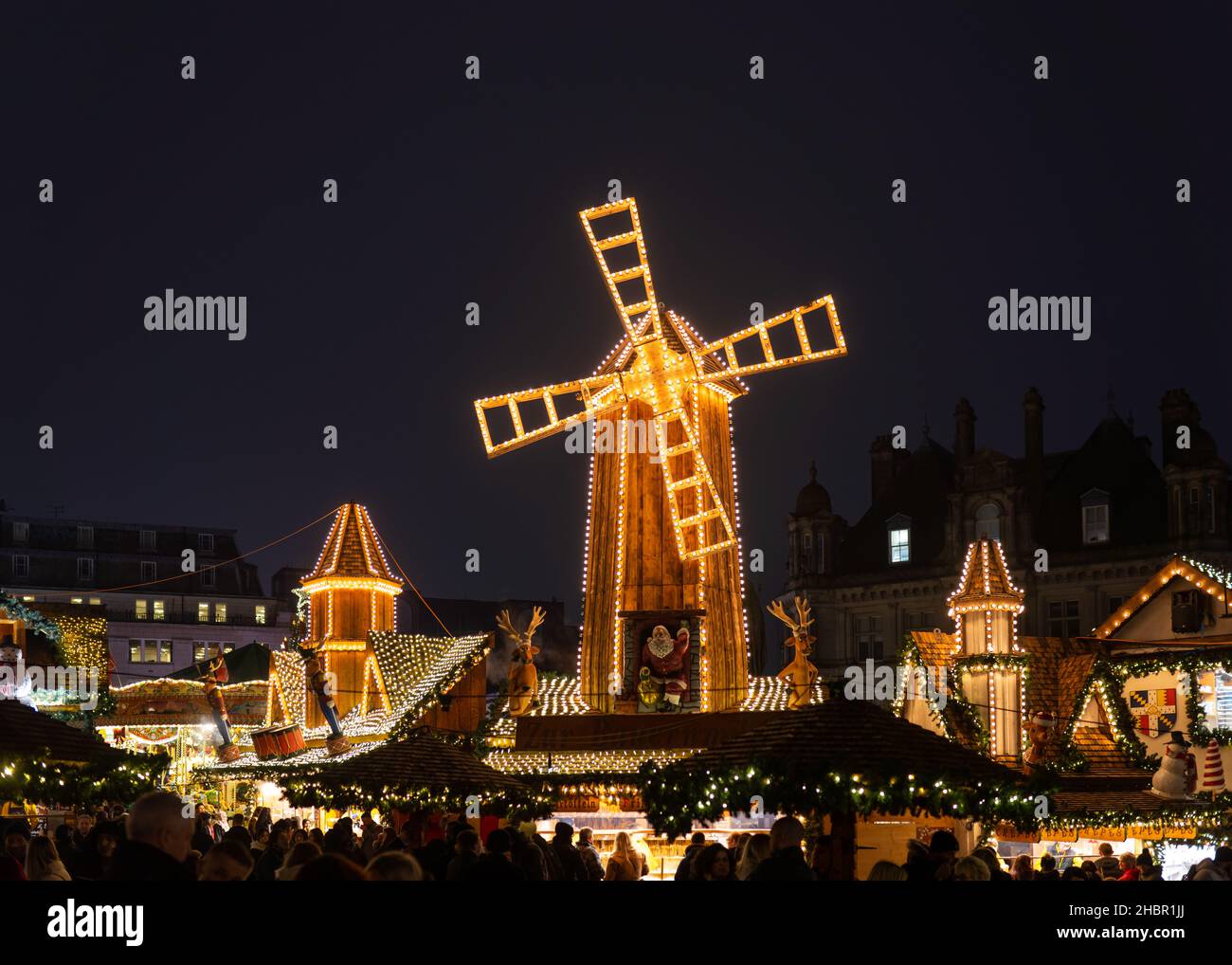 German Christmas market at night beautiful light up wooden street ...
