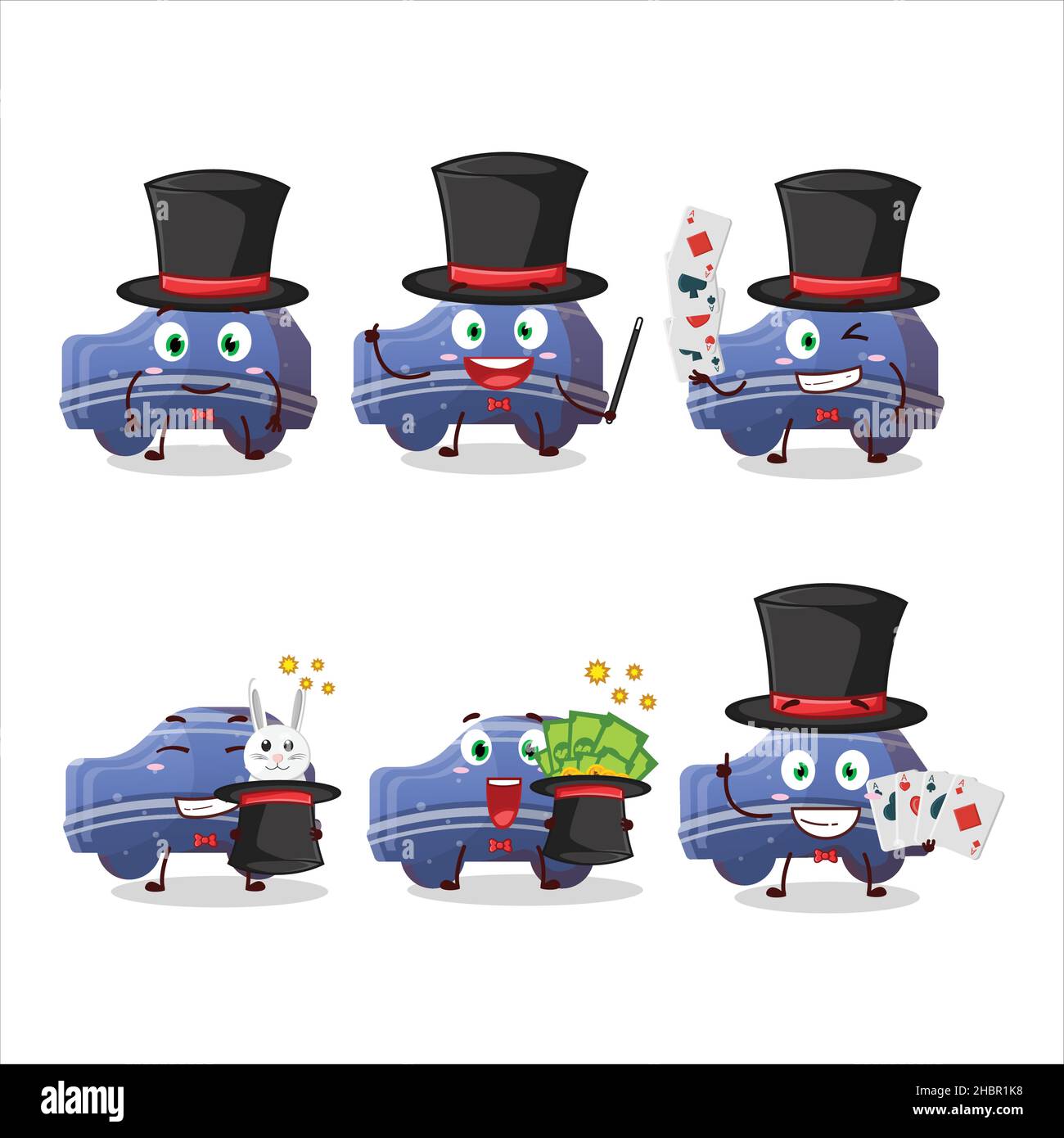 A blue car gummy candy Magician cartoon character perform on a stage ...