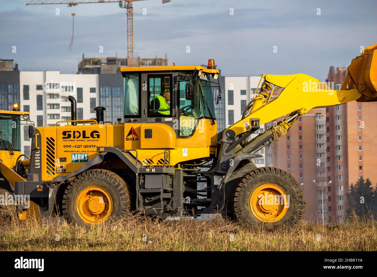 Russia - October 2019: Powerful excavators with raised buckets at a ...