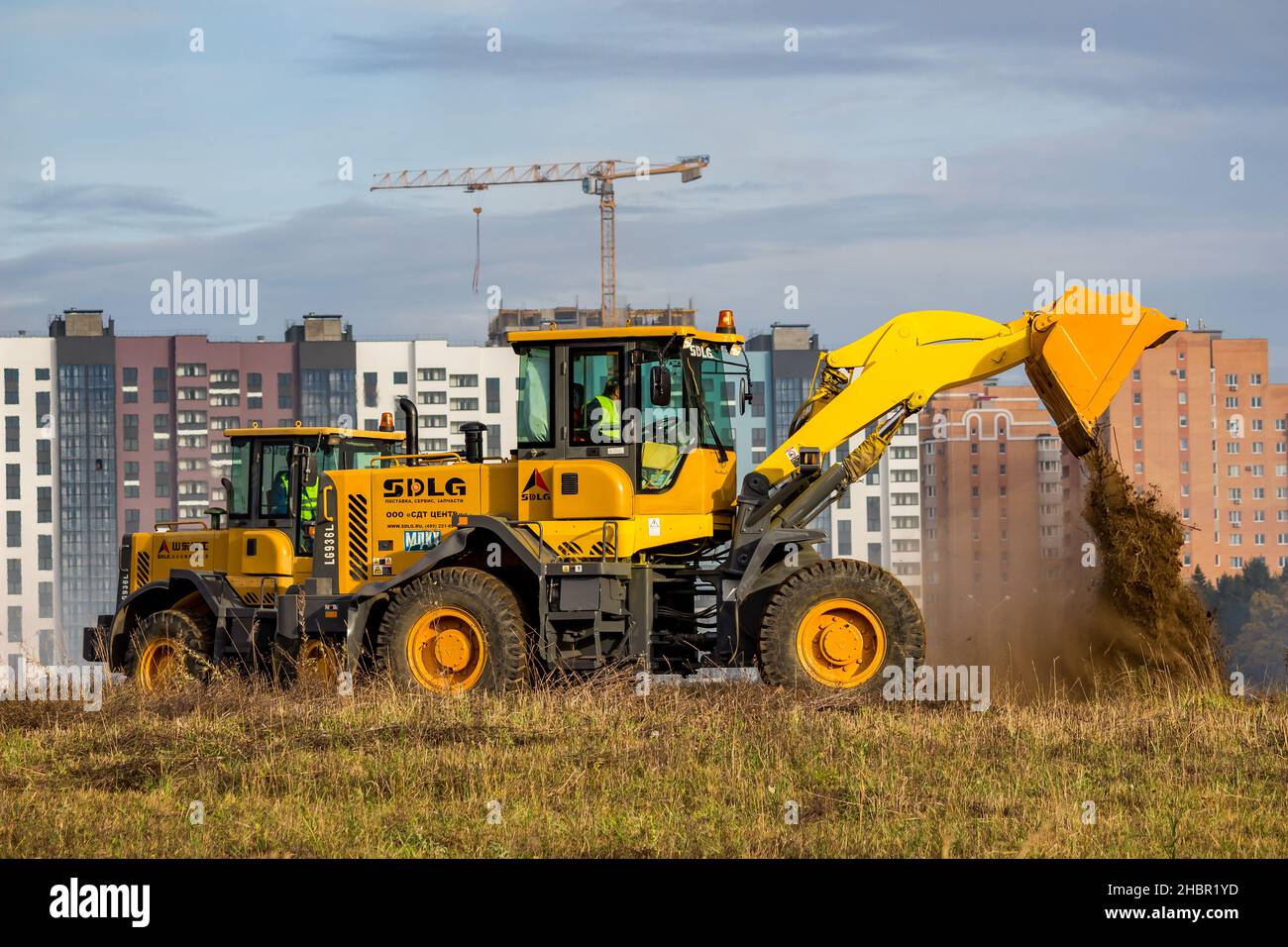 Russia - October 2019: Powerful excavators with raised buckets at a ...