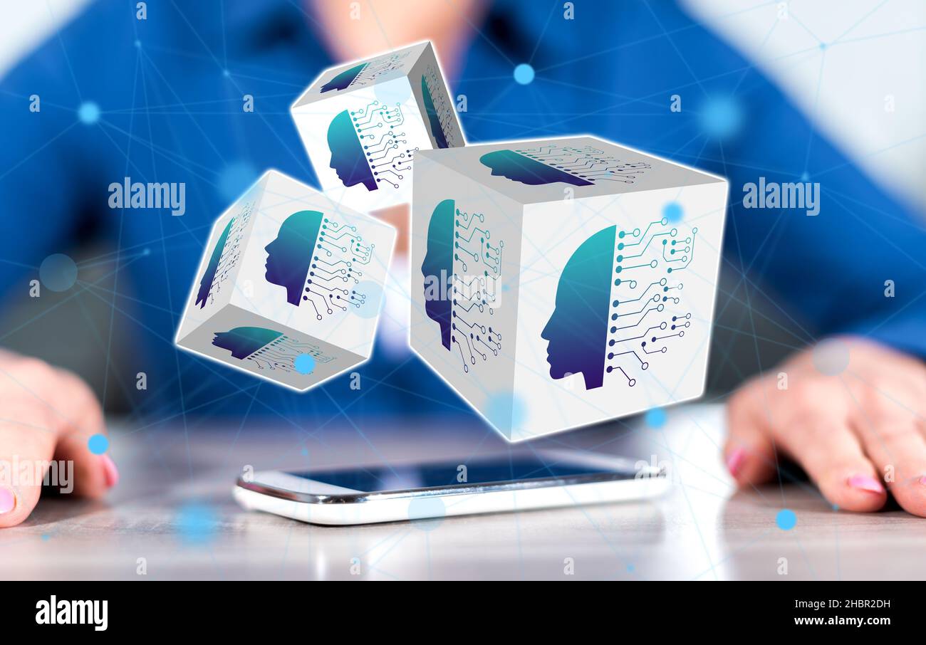 Smartphone with machine learning concept between hands of a woman in ...