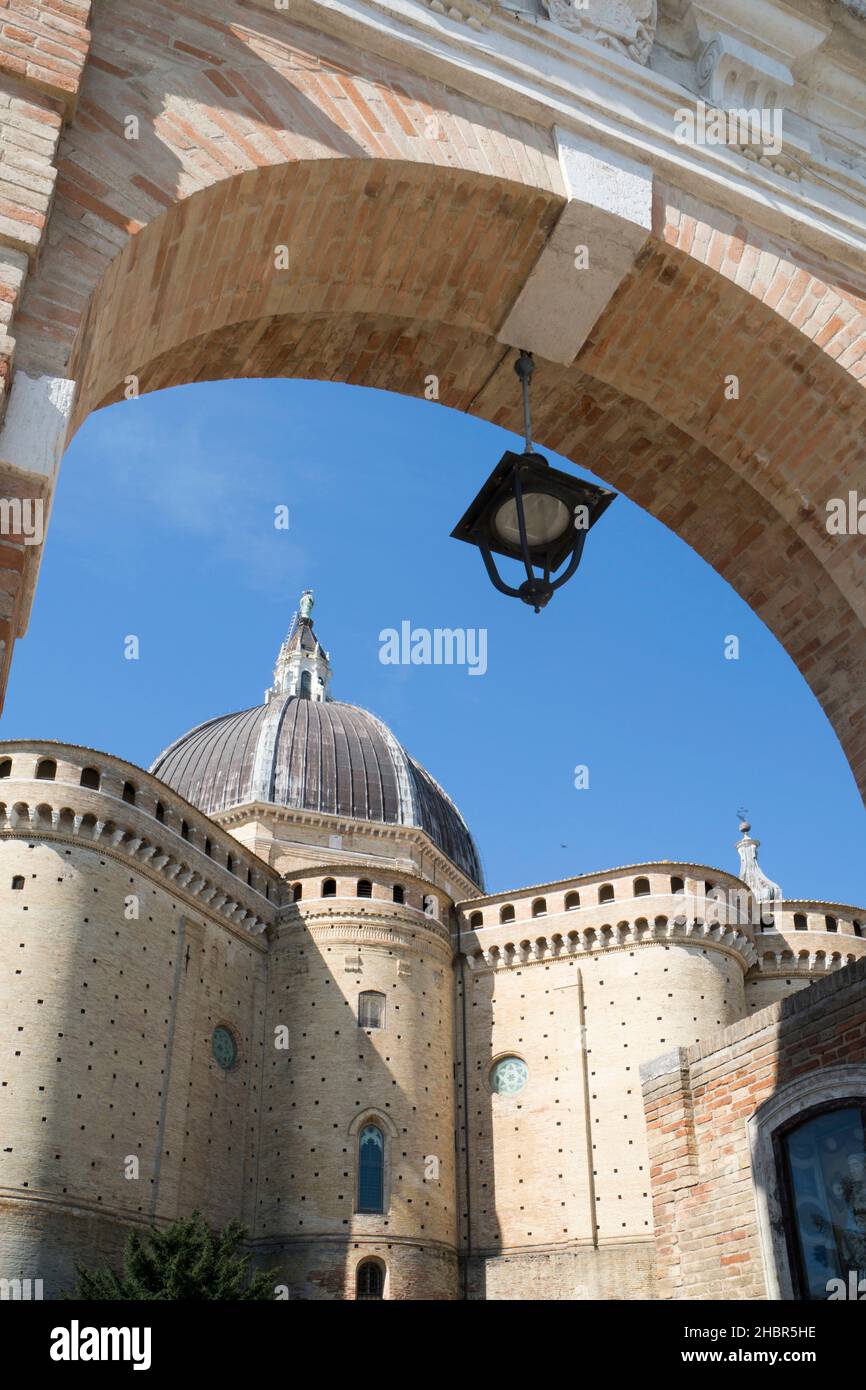 View of the Basilica della Santa Casa of Loreto from Porta Marina gate, Marche, Itaaly, Europe ...