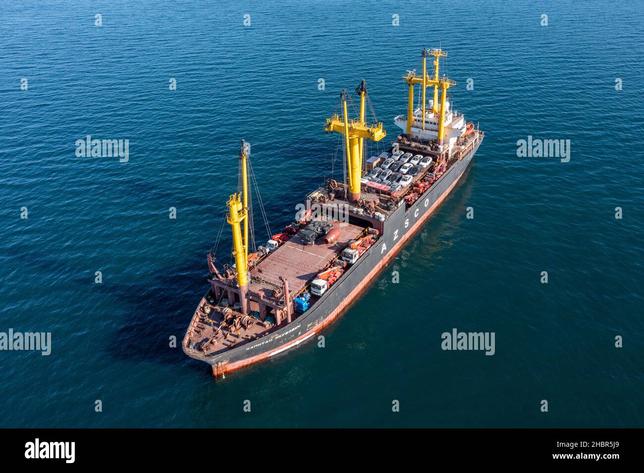 Vladivostok, Russia - December 18, 2021:Sea cargo ship loaded with cars ...