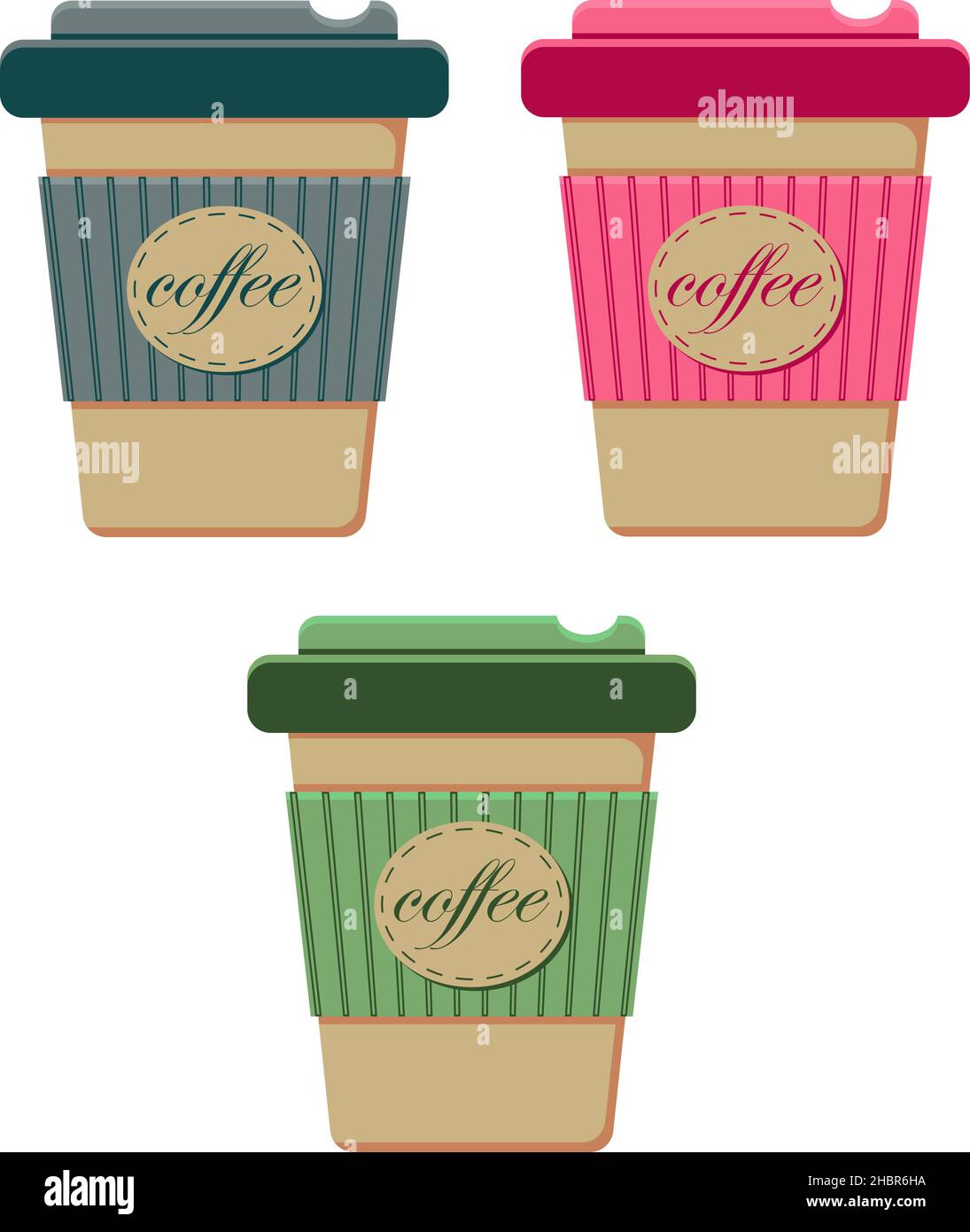 Set of isolated green, pink and blue coffee paper cups with badges and ...