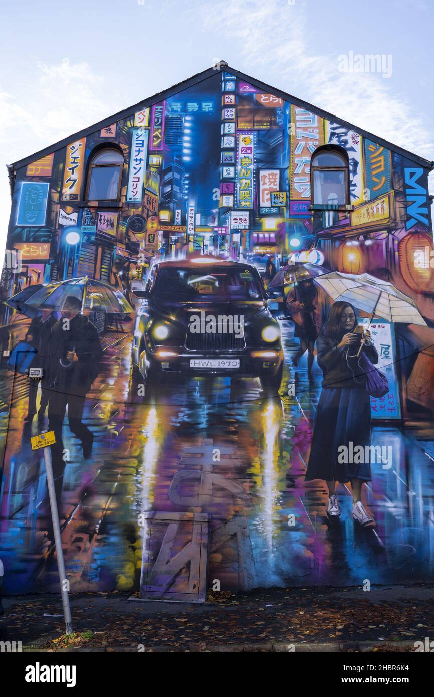 BELFAST, UNITED KINGDOM - Nov 02, 2021: A street art of the car in the ...