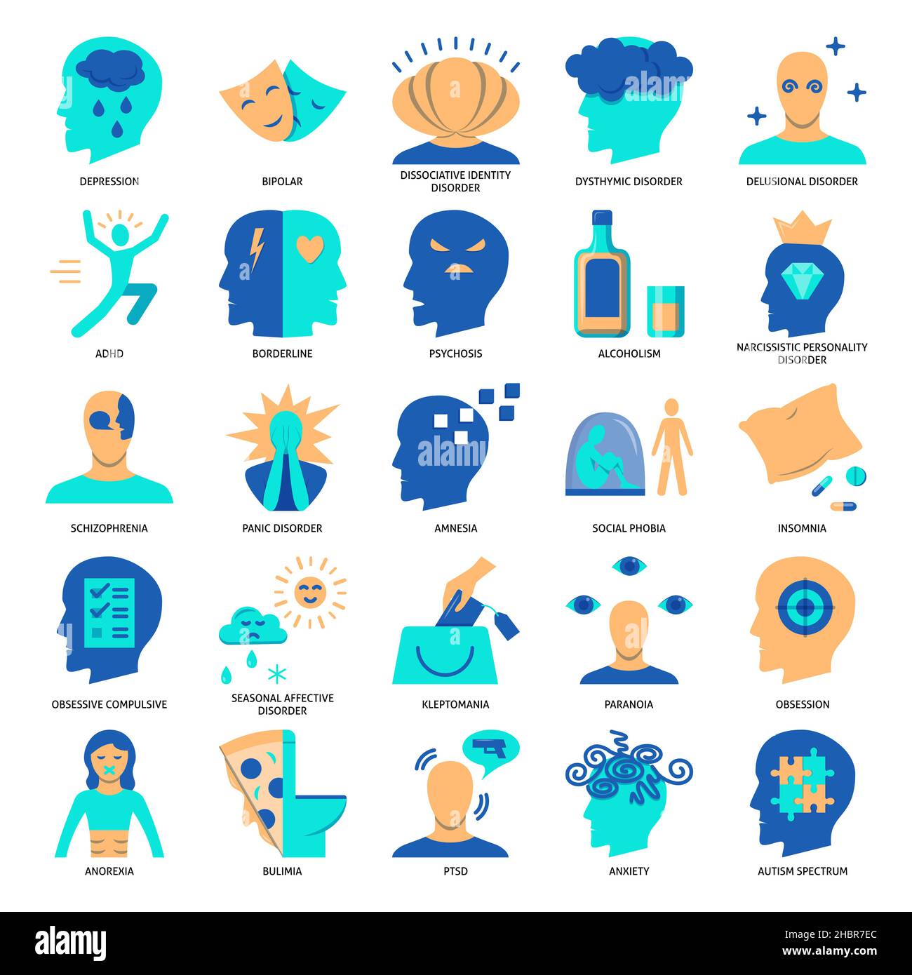 Mental disorders icon set in flat style. Psychological problems symbols ...