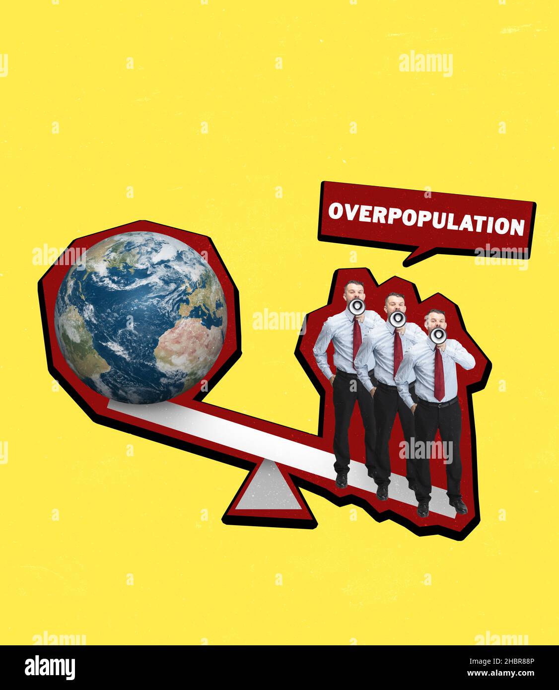 Contemporary artwork. Three men stand on same scale with planet Earth ...