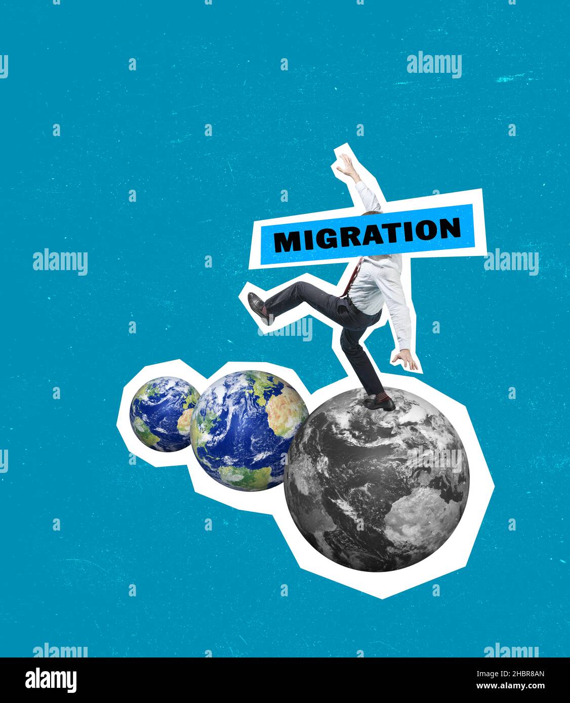 Young business man in office suit jumping from one planet to another ...