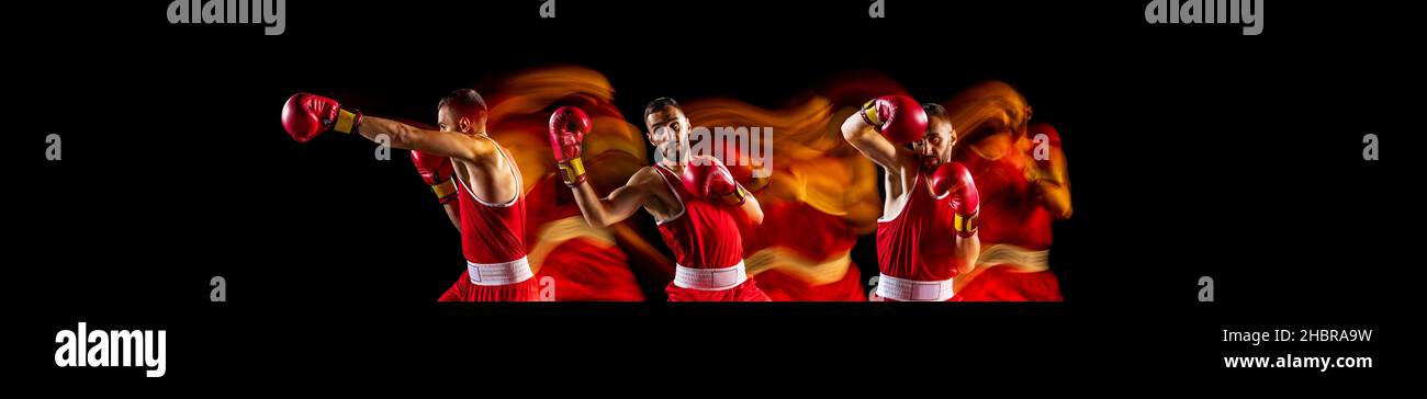 Collage of professional boxer in motion, training isolated over black ...