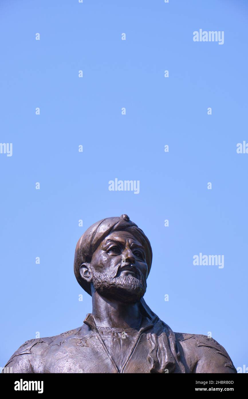 A close up, detail of a bronze statue of the famous astronomer Mirzo ...