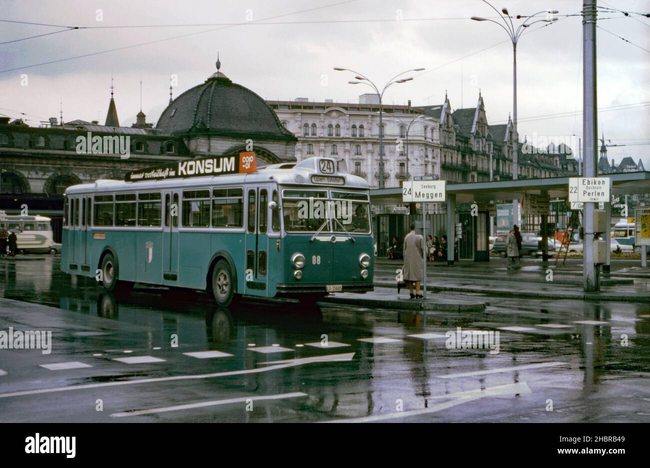 A bus at the bus station at front of the city railway station, Lucerne ...