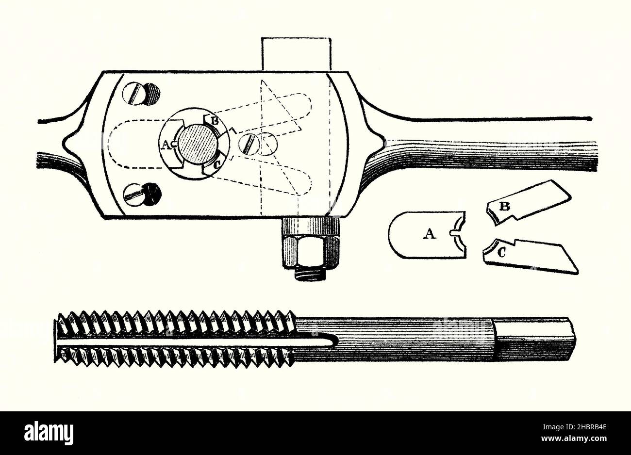 An old engraving showing Joseph Whitworth’s screw dies and taps of the ...
