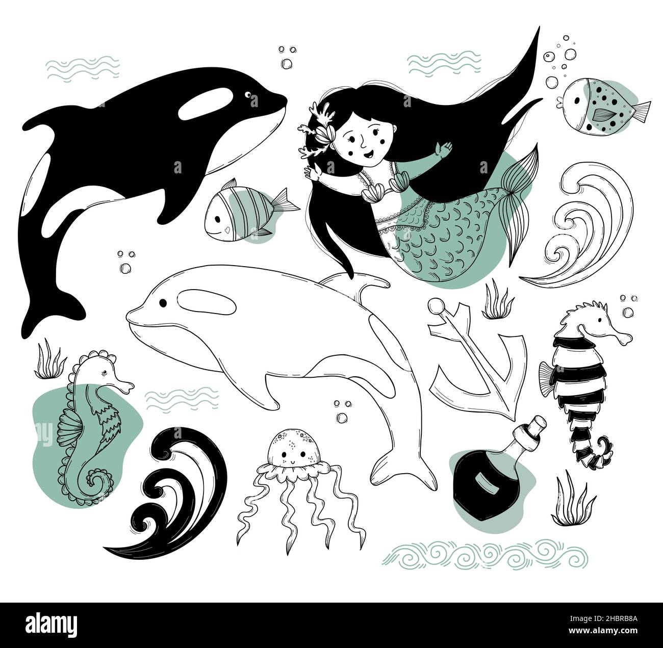Set of mythical women and sea animals. Cute mermaid, whale and killer ...
