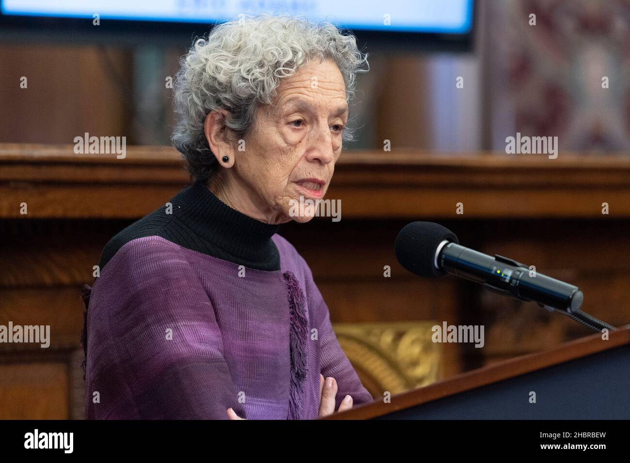 New York, New York, USA. 20th Dec, 2021. Ruth Messinger introduces Anne ...