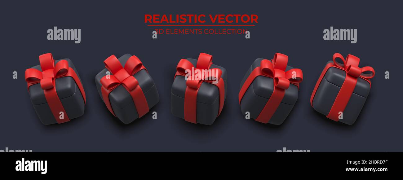 Set of Realistic 3d gift box with golden ribbons isolated on a dark ...