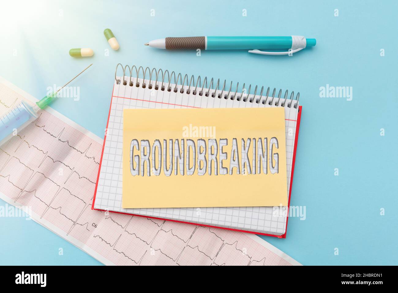 Hand writing sign Groundbreaking. Word Written on Very new and a big ...