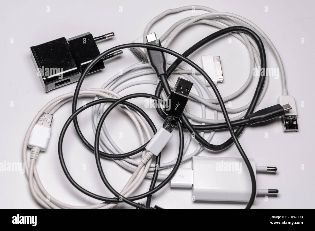 Many entangled charging cables for electronic devices and smartphones ...