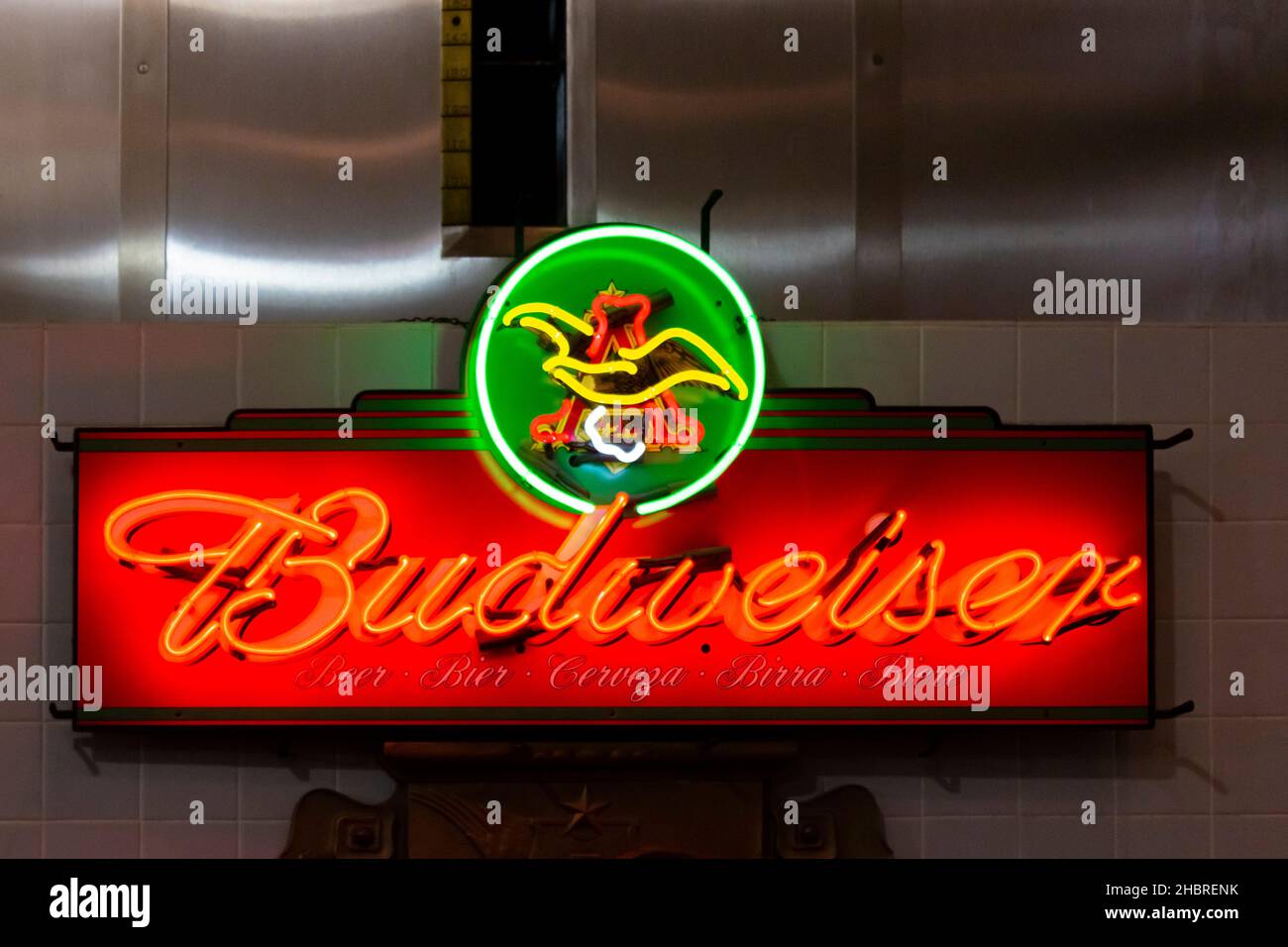 illuminated neon sign for Budweiser beer Stock Photo - Alamy
