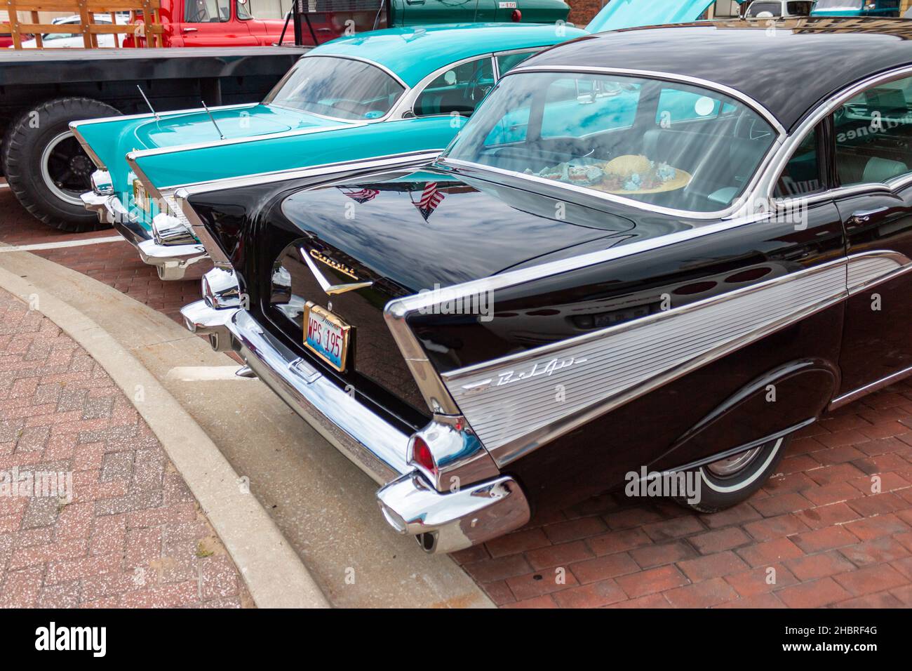 rear end wings fins of 1957 Chevrolet Bel Air in Black and blue Stock ...