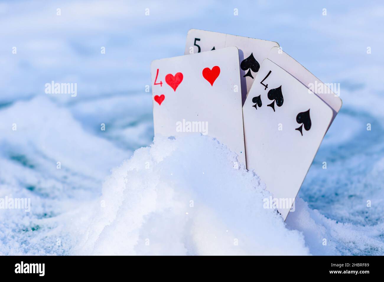 Playing cards are stuck in a pile of snow in winter, it is not clear ...