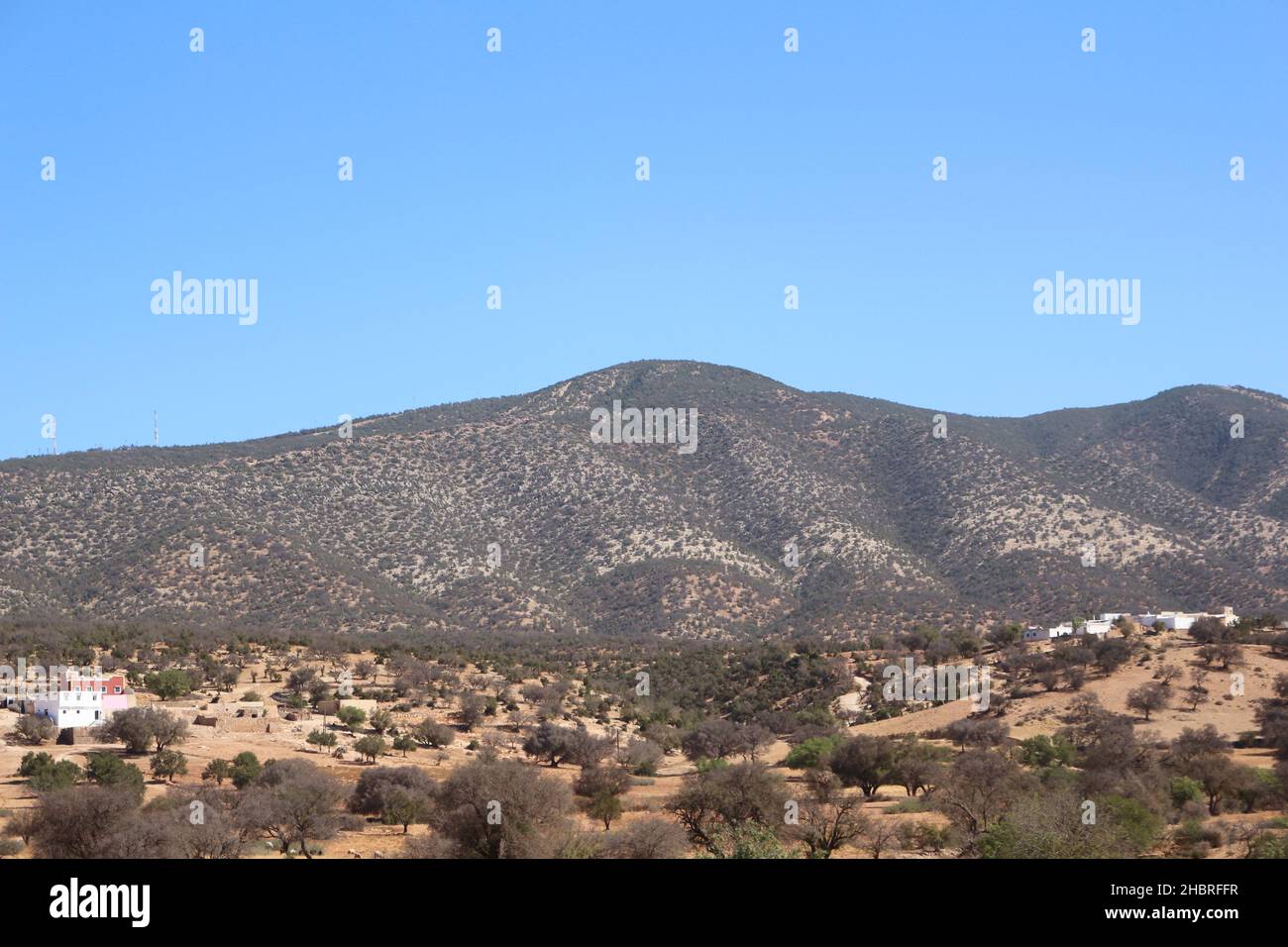 A landscape of a deserted area with poor vegetation under the blue ...