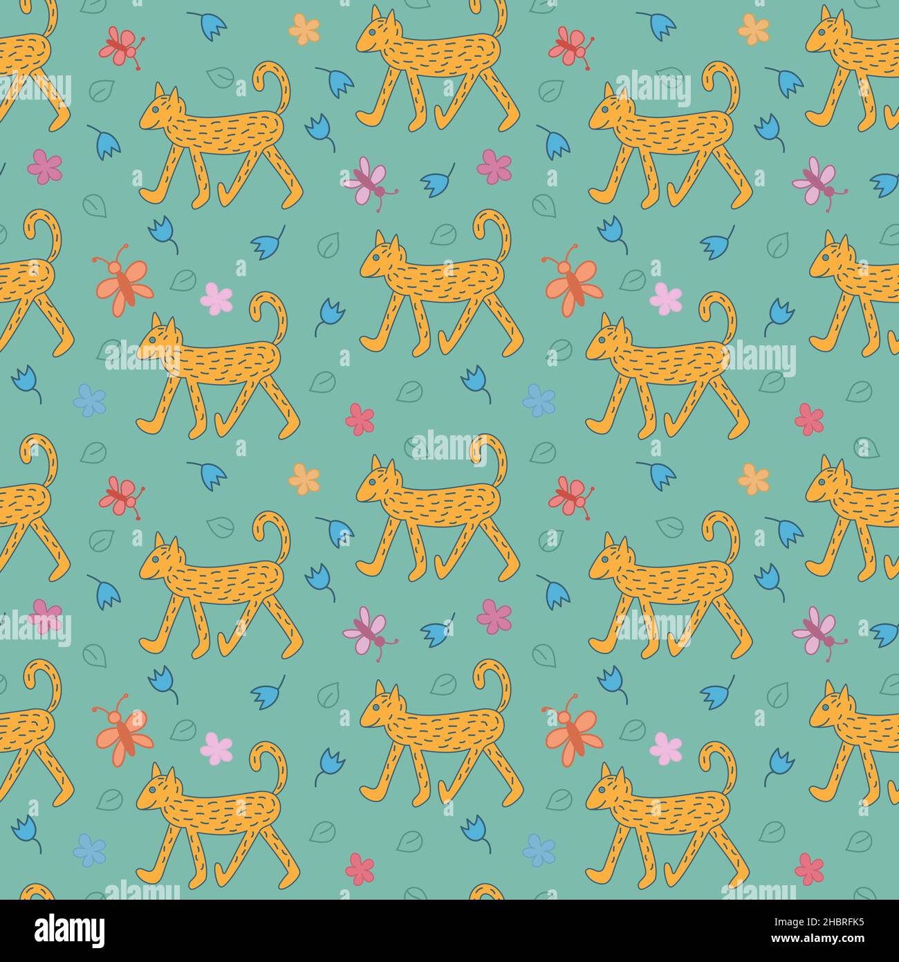 Dynamic seamless pattern with happy dog on turquoise background. Hand ...